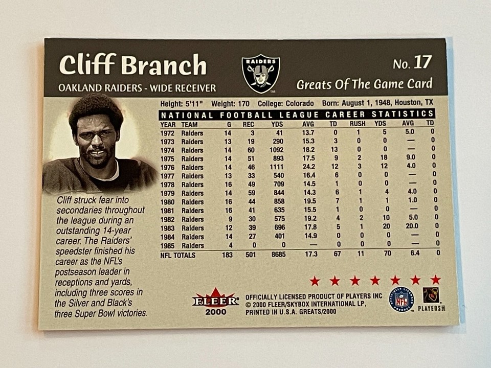 2000 Fleer Greats of Game Football #17 - Cliff Branch - Oakland Raiders ...