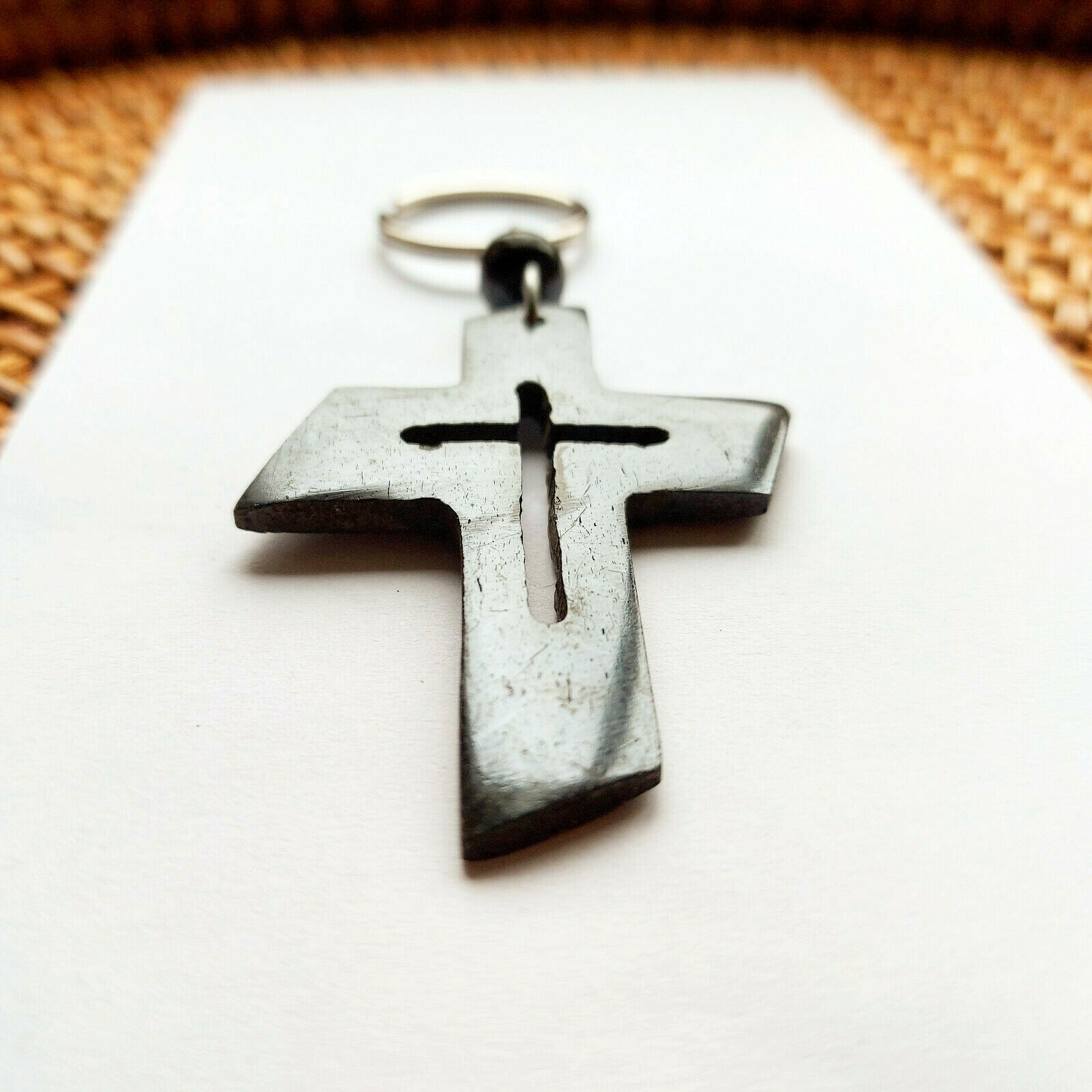 Cross Keyring Brown Bone with Inticate Cut Cross & Bead Faith Gifts ...