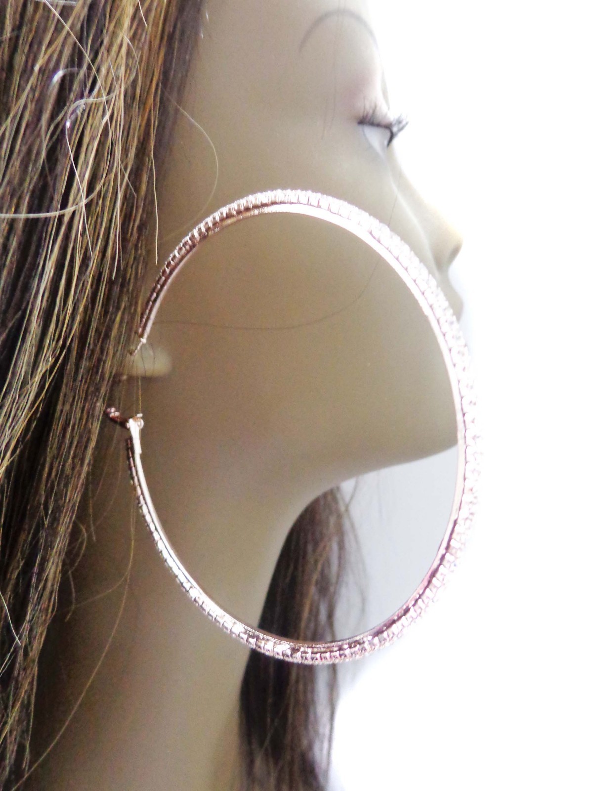 RHINESTONE HOOP EARRINGS ROSE GOLD PLATED 4 INCH HOOPS CRYSTAL LARGE ...