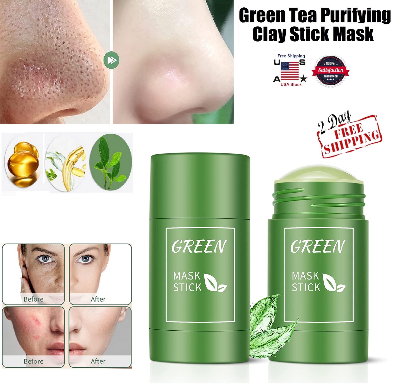 4 × Green Tea Purifying Clay Stick Mask for Deep Clean Pore Blackhead ...