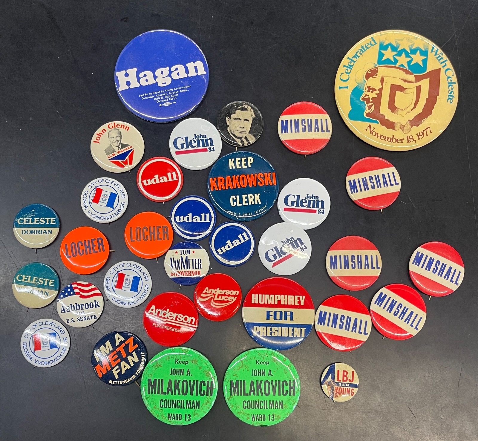 LOT 33 Political Pinback Buttons Pins - Minshall, Udall, Glenn, Hagan ...