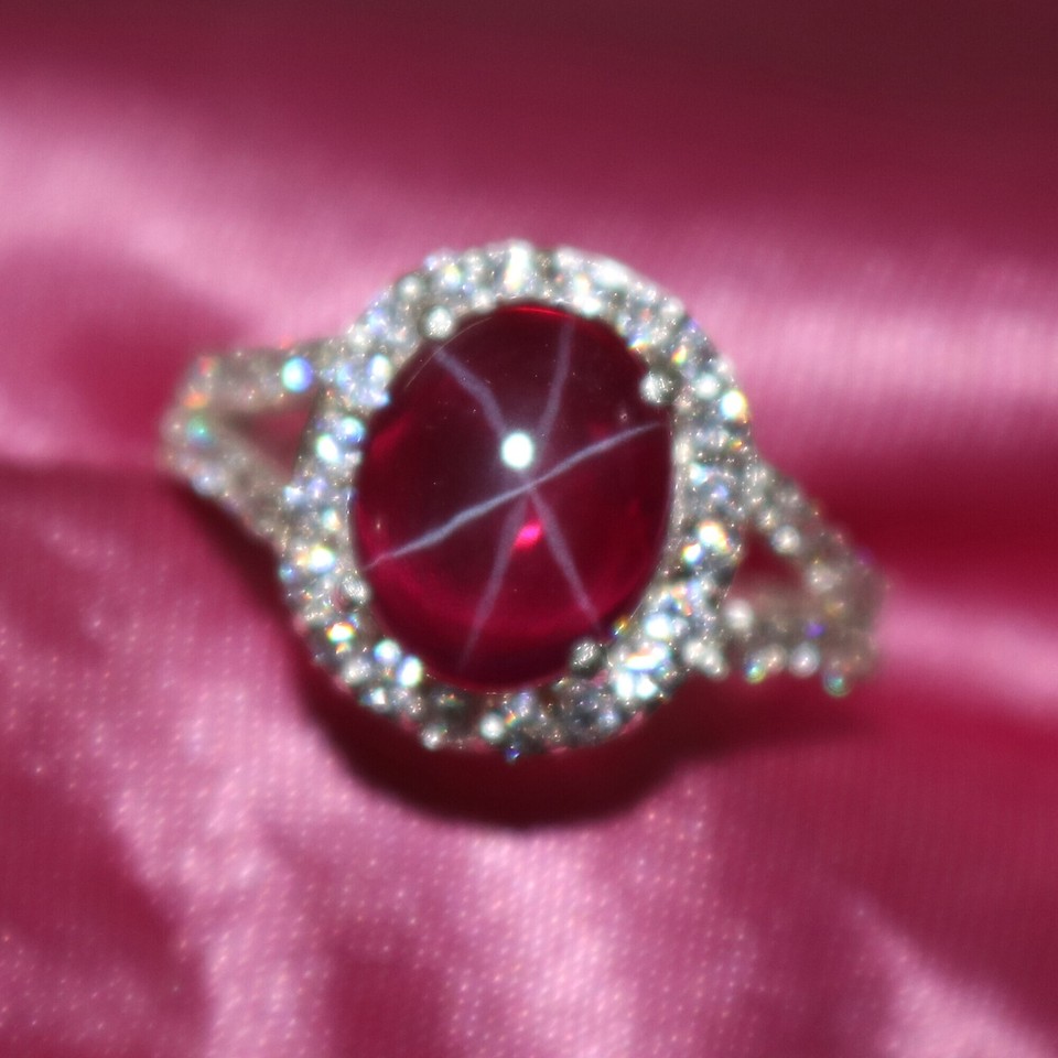 3 Cts. Certified Natural 6 Rays Oval Red Star Ruby & Accents Ring in ...