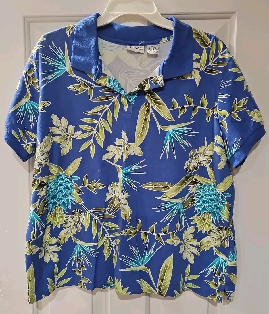 White Stag Stretch Blue Green Floral Hawaiian Polo Short Sleeve Size XL ...