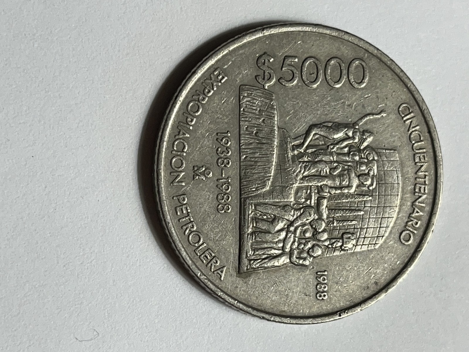 1988 Mexico 5000 Pesos Coin Aniversario Expropiacion Petrolera - 3 ...