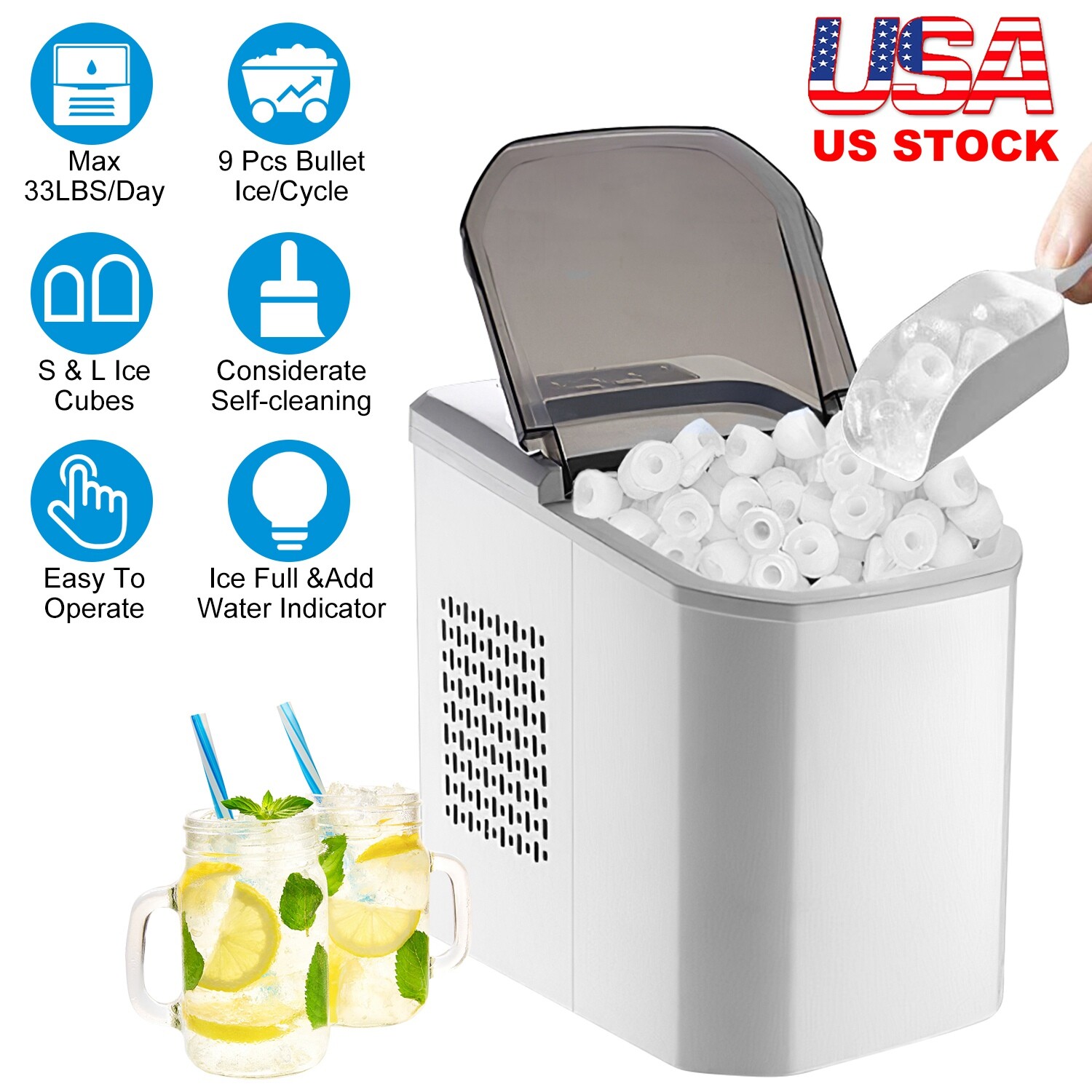 Portable Ice Maker Machine Countertop 33Lbs/1.5L Self-cleaning w/Scoop ...