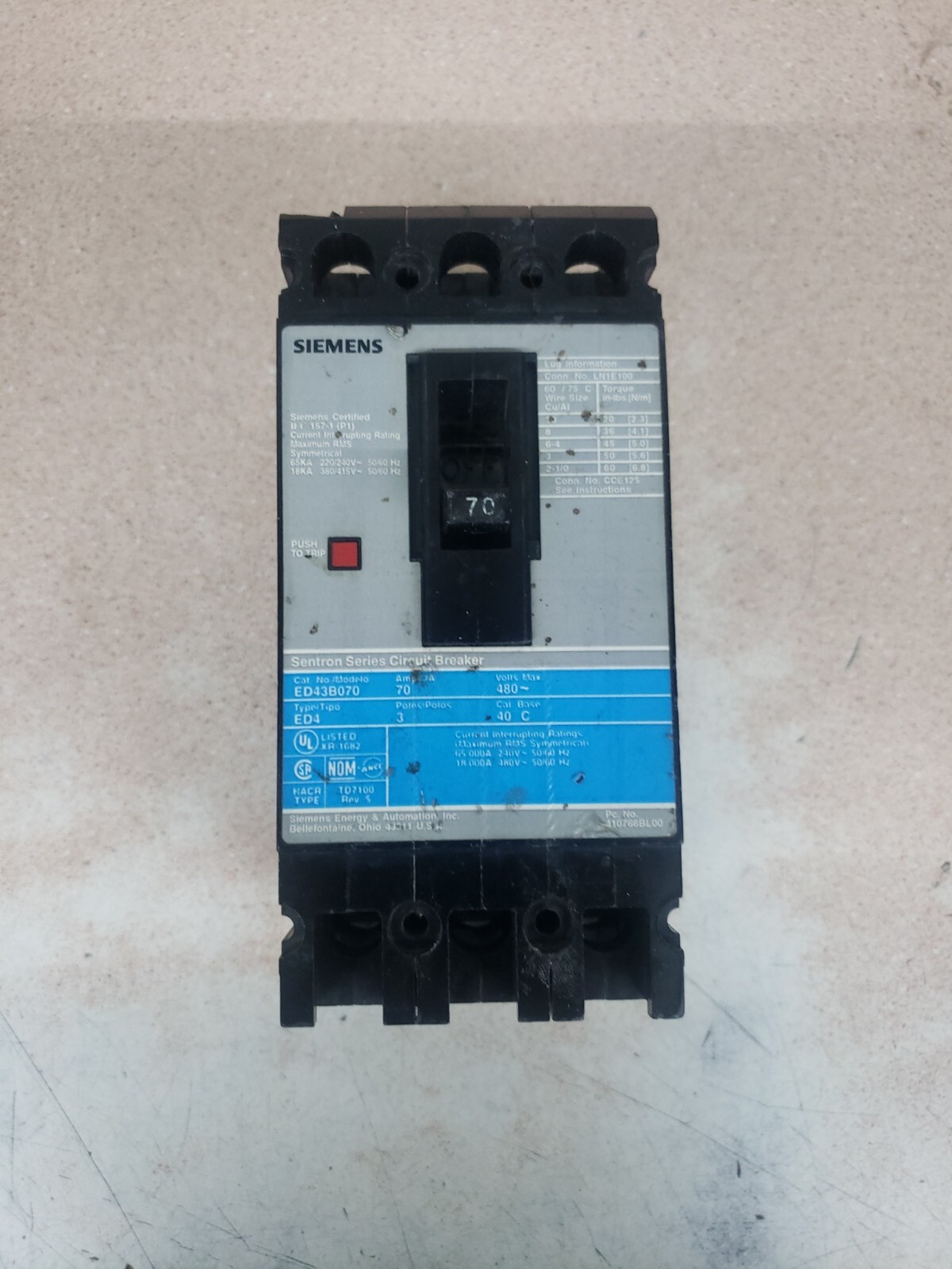 Siemens ED43B070 70A Sentron Circuit Breaker Type ED4 480 VAC 3 Pole ...