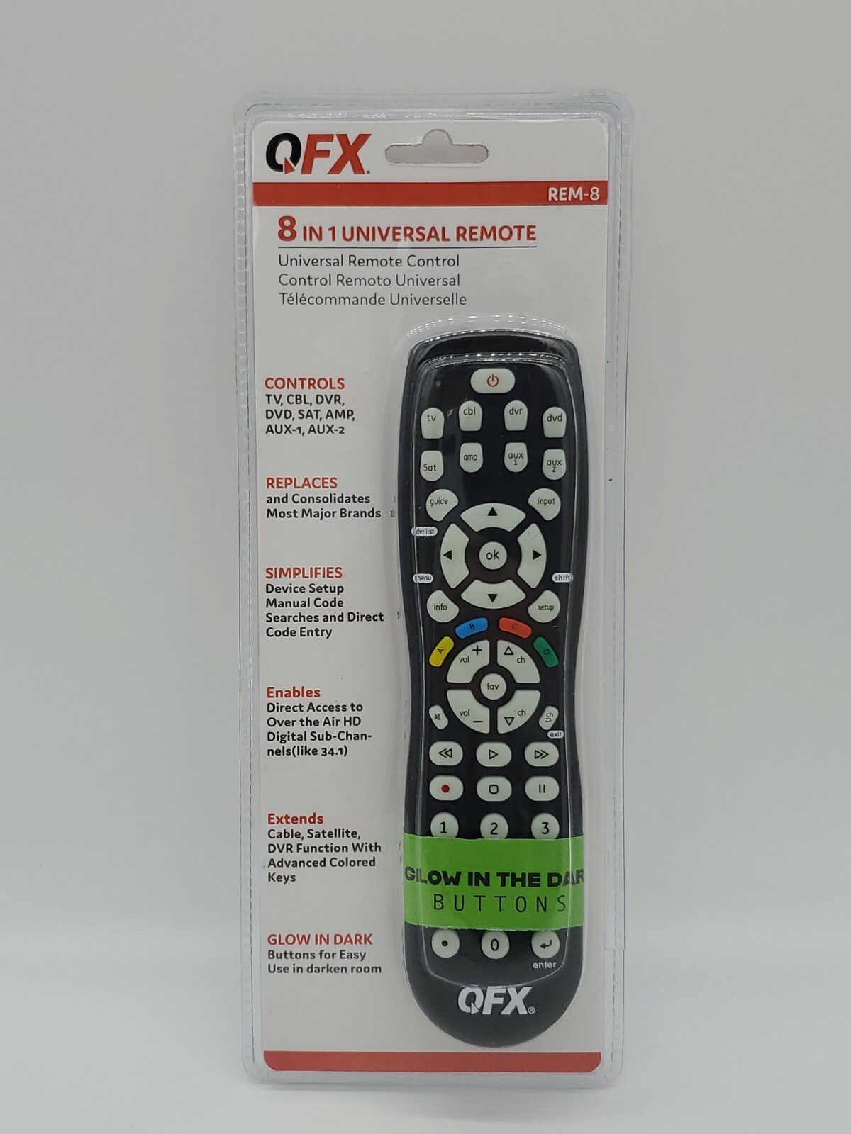 QFX 8-in-1 Universal Remote With Glow-in-the-dark Buttons Qfxrem8 for ...
