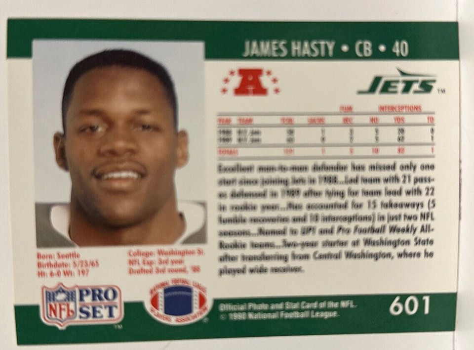 1990 Pro Set Football The Official NFL Card James Hasty CB New York ...