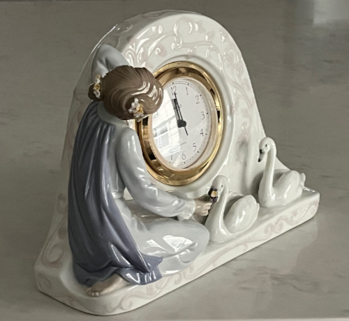 Lladro 5777 "Swan Clock" elegant Lady w 2 Swans - 2 petal CHIPS, no box ...