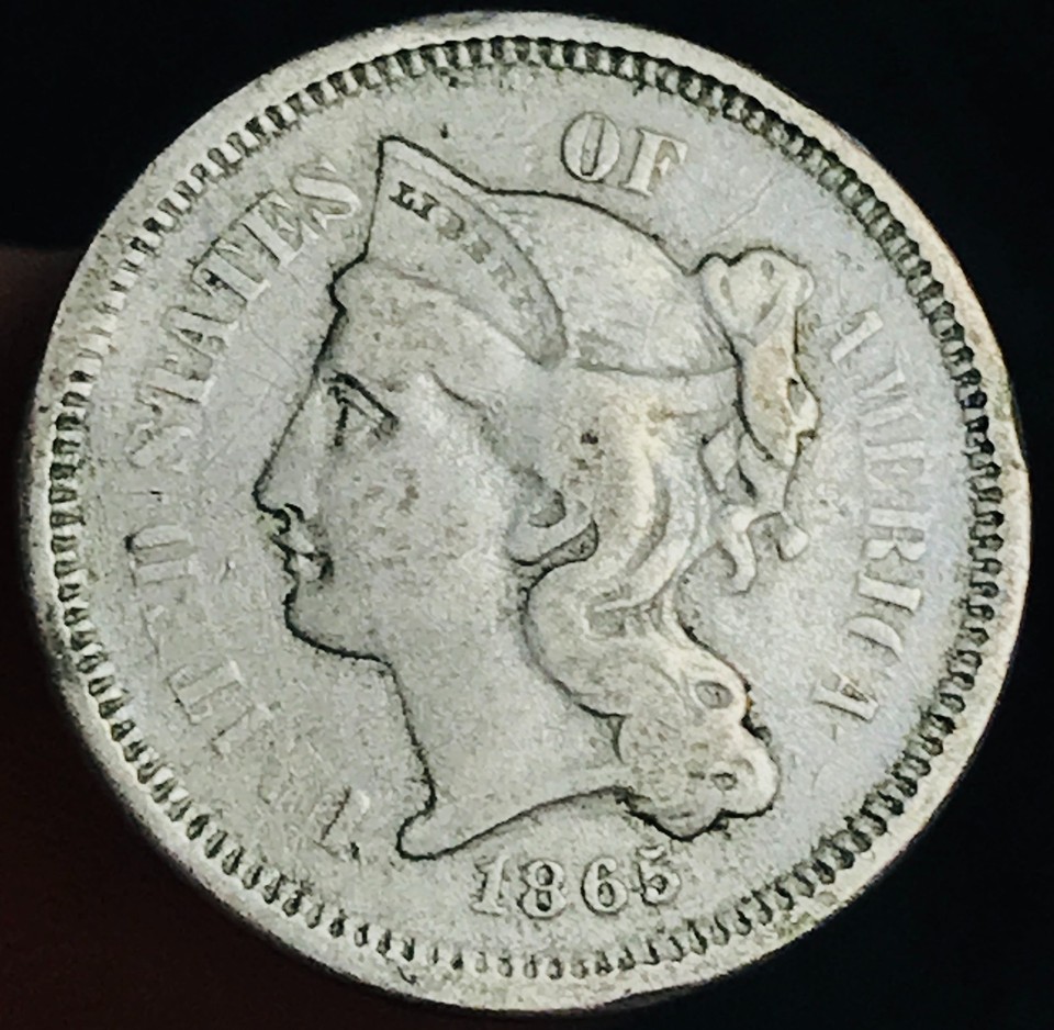 1865 Three Cent Nickel Piece 3C Circulated Civil War Date US Type Coin ...