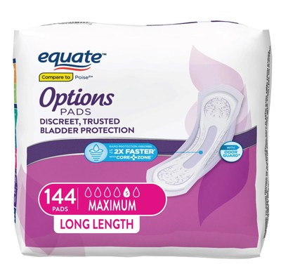 Equate Options Incontinence Pads for Women, Maximum, Long Length, 144 ...