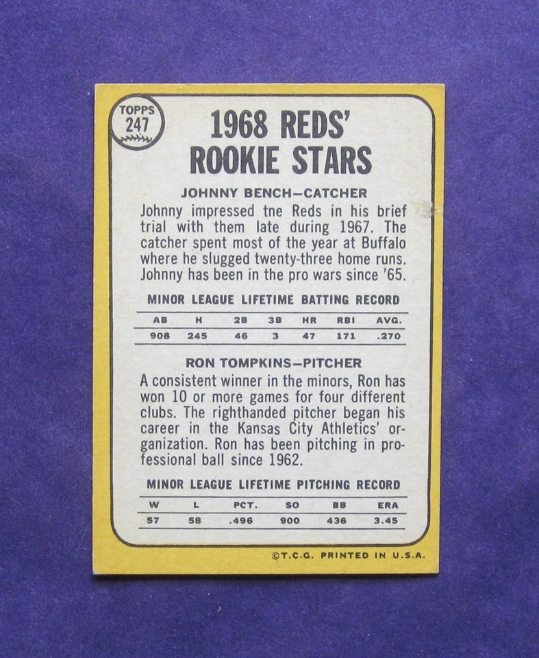 1968 Topps Johnny Bench Rookie #247 "Very Sharp Looking Card" | eBay