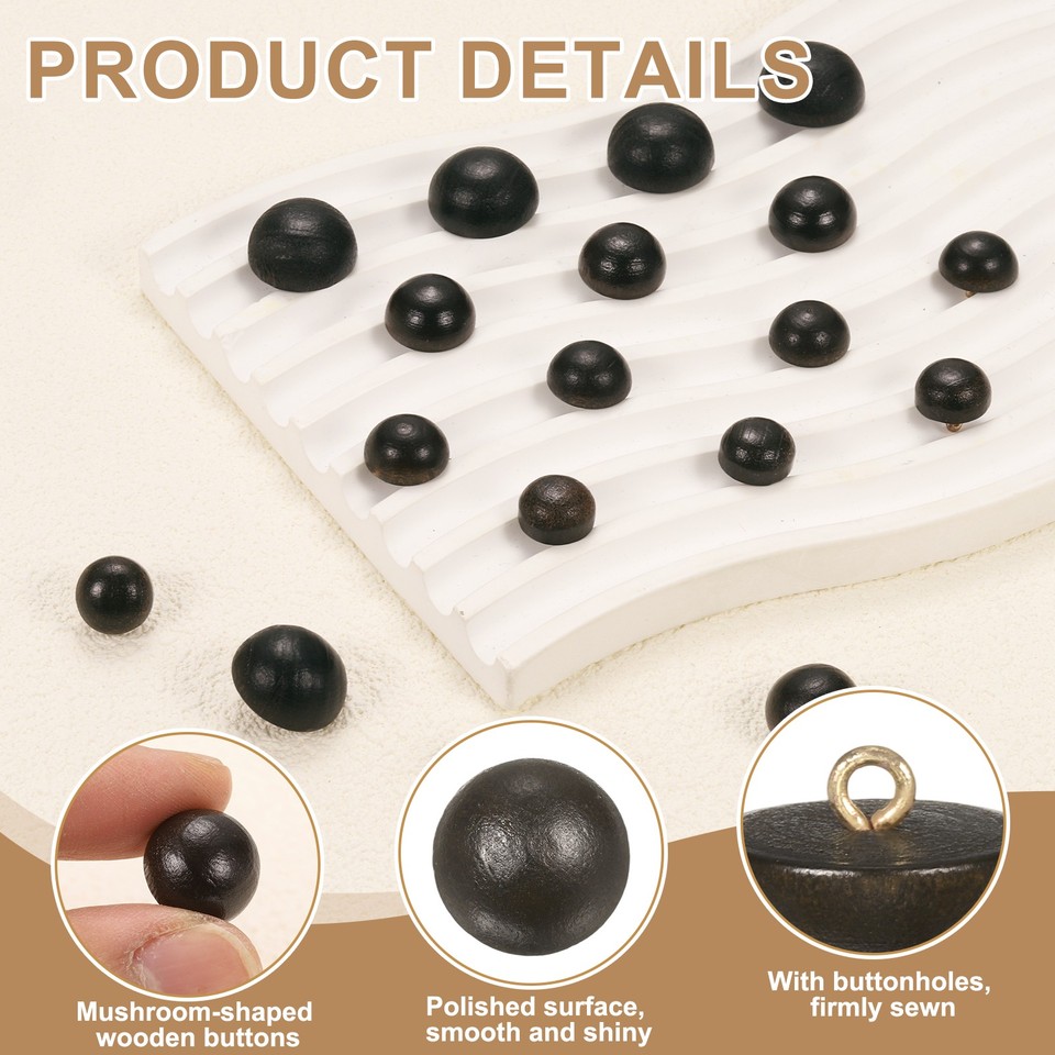 30pcs Wood Buttons 0.6" Mushroom Domed Sewing Button with Shank, Dark ...