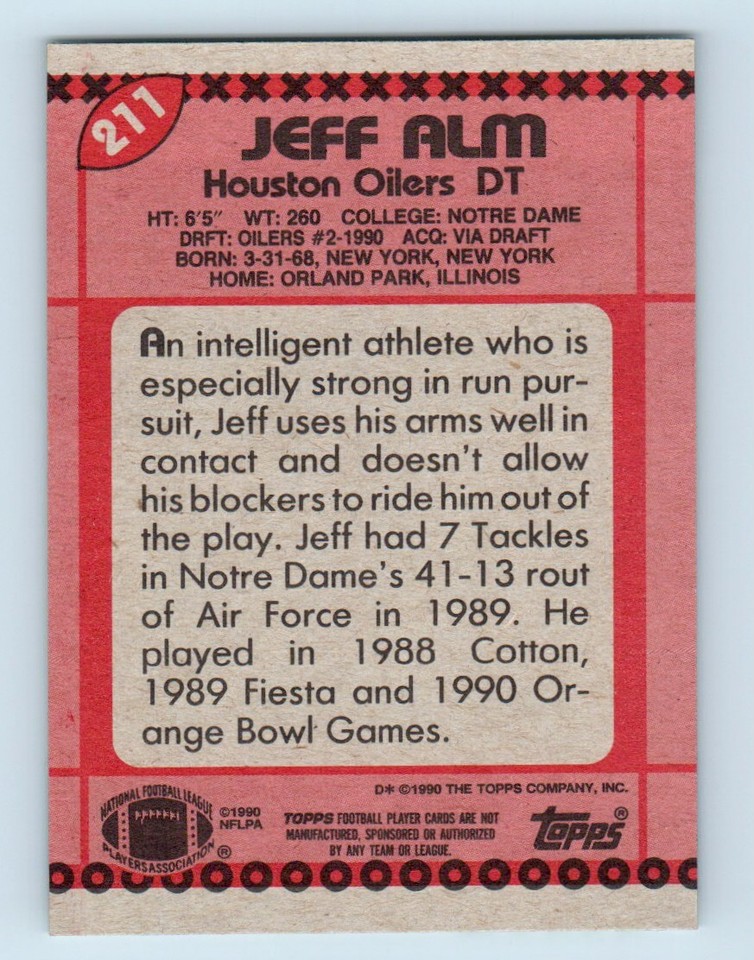 1990 Topps Jeff Alm Houston Oilers #211 | eBay