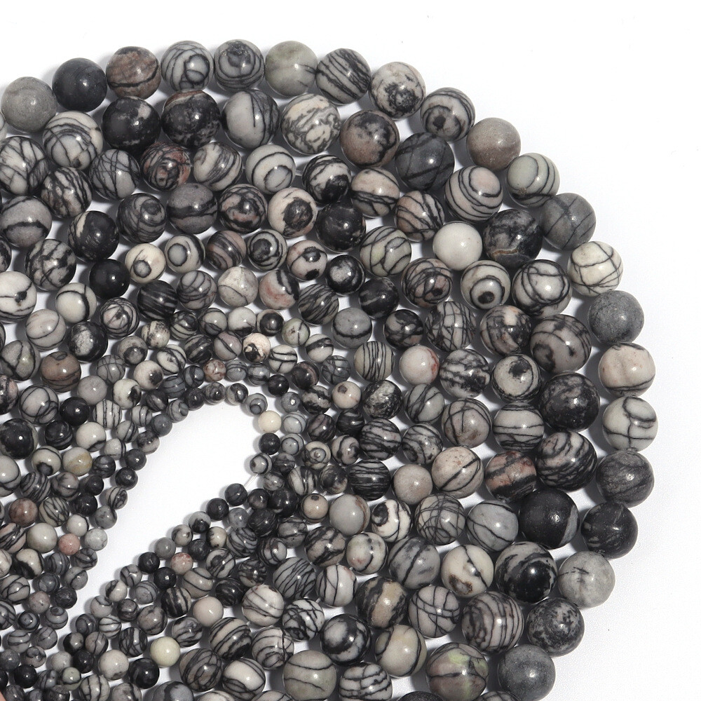 Natural Stone Black Network Round Spacer Beads Jewelry Making 4 6 8 10 ...