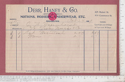 8856 Derr Haney underwear Philadelphia 1899 billhead J F Wagenhorst ...