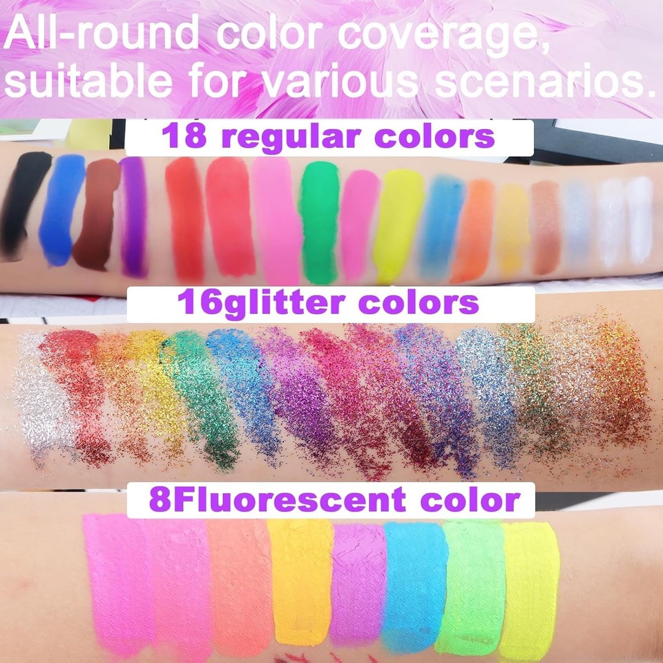 Face Painting Kit, 42 Colors Body Paint With 10 Pcs Brushes, Safe & Non ...