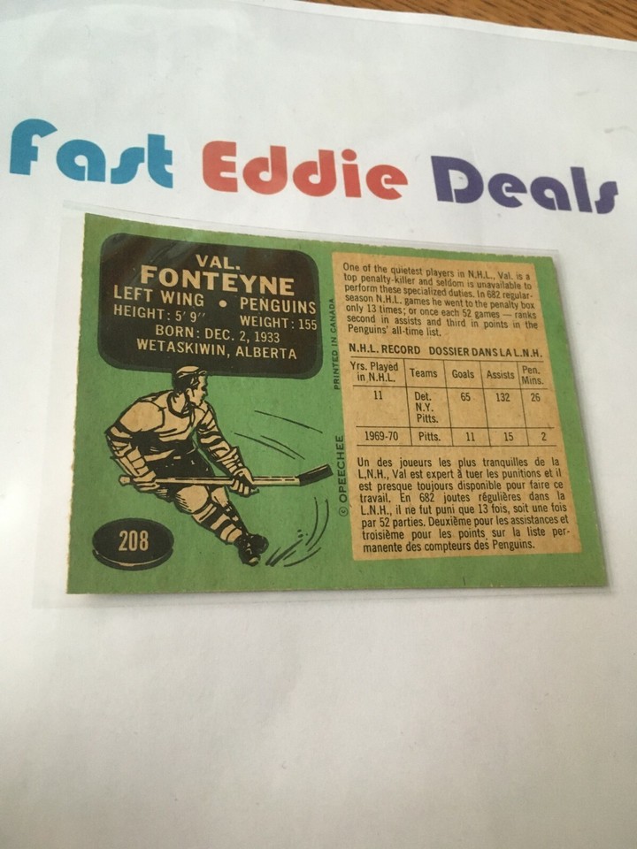 1970-71 O-PEE-CHEE HOCKEY CANADA VAL FONTEYNE CARD 208 PITTSBURGH ...