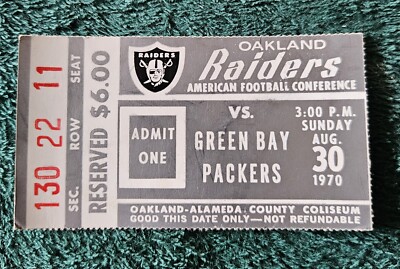 1970 Oakland Raiders - Green Bay Packers @ Oakland AFL 8/30/1970 Ticket ...