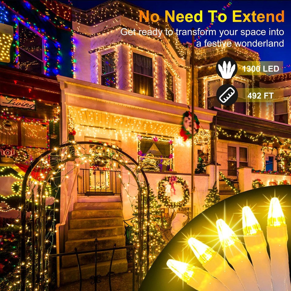 492FT Christmas Lights Outdoor, 1300 LED Extra Long LED String Lights 8 ...