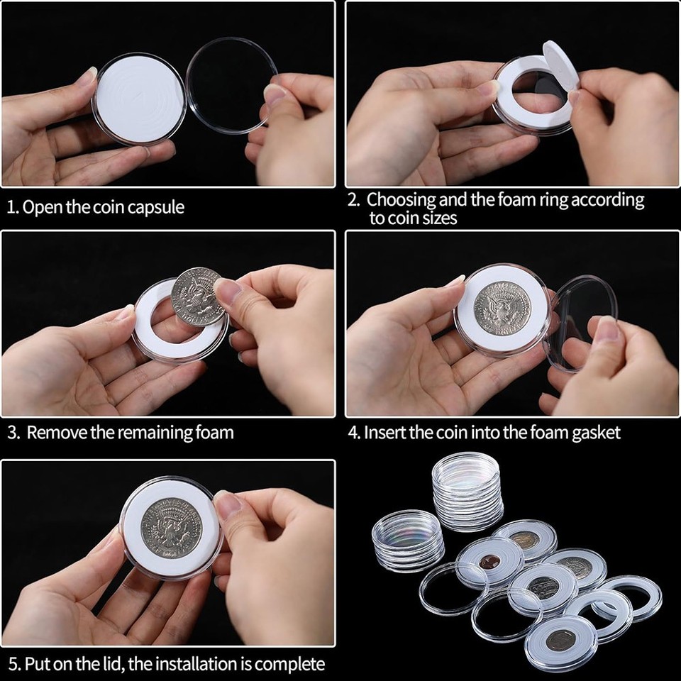 46mm Coin Holder Capsules 40Pcs w/ 5 Size Pads 19/24/29/34/39mm Coin ...