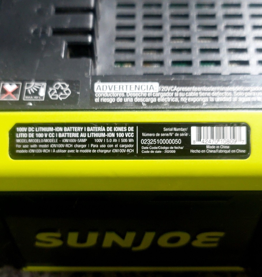 Sun Joe Snow Joe 100v iON100V 5AH 100v Lithium-Ion Yard TOOL Battery ...