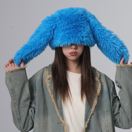 Elastic Solid Color Hat Ladies Winter Fluffy Rabbit Ear for Women Cozy ...