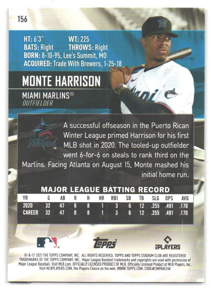 2021 Stadium Club Monte Harrison #156 RC | eBay