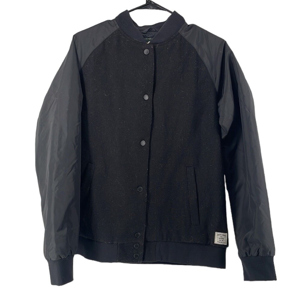 Roots varsity jacket wool body nylon sleeves Roots spellout Canada ...