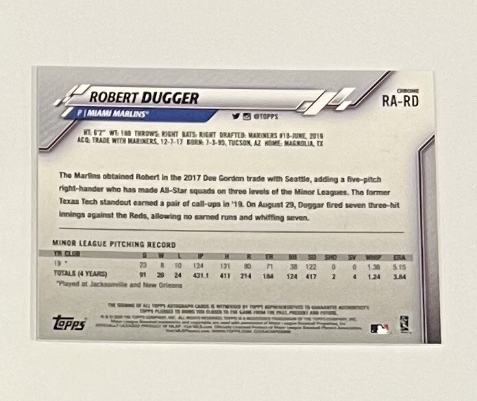 ROBERT DUGGER - 2020 topps chrome RC Auto - # RA-RD - Marlins | eBay