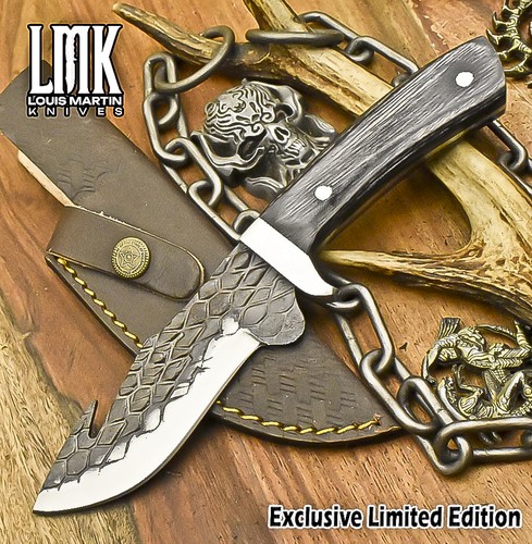 LMK Forged Skinner Knife w/Gut Hook AUS-8 Steel Hard Wood Steel Guard ...