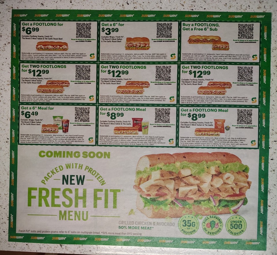 1 Sheet 12 Subway Paper Coupons Expires 10/11/25 Participating US ...