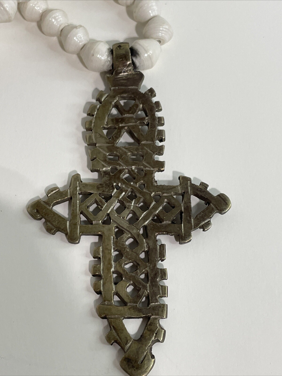 Brass Ethiopian Cross Necklace- Long White Wooden Bea… - Gem