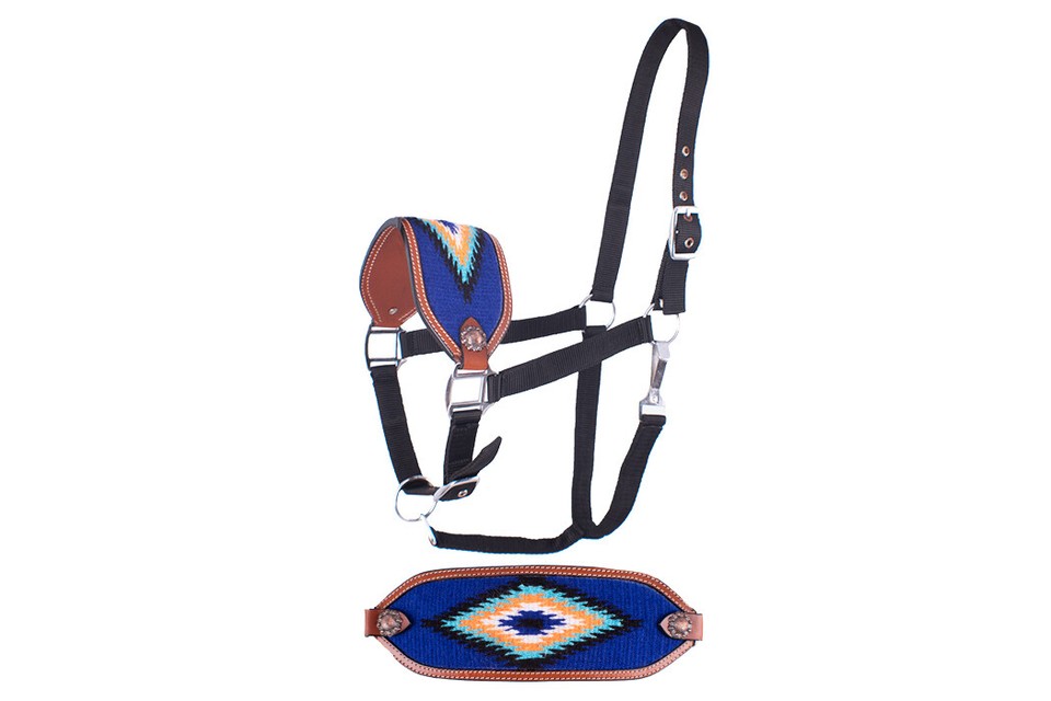 Adjustable Nylon Bronc Halter w/ Blue Aztec Design Noseband HORSE SIZE ...