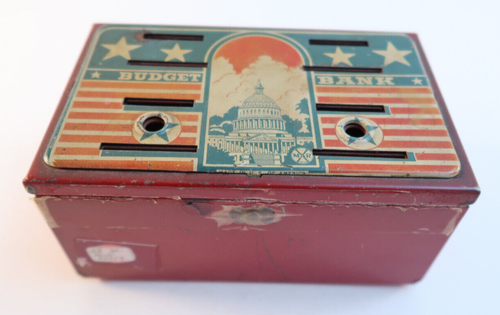 Marx Toy Budget Bank Red Hinged Vintage Metal Coin Box Patriotic USA ...