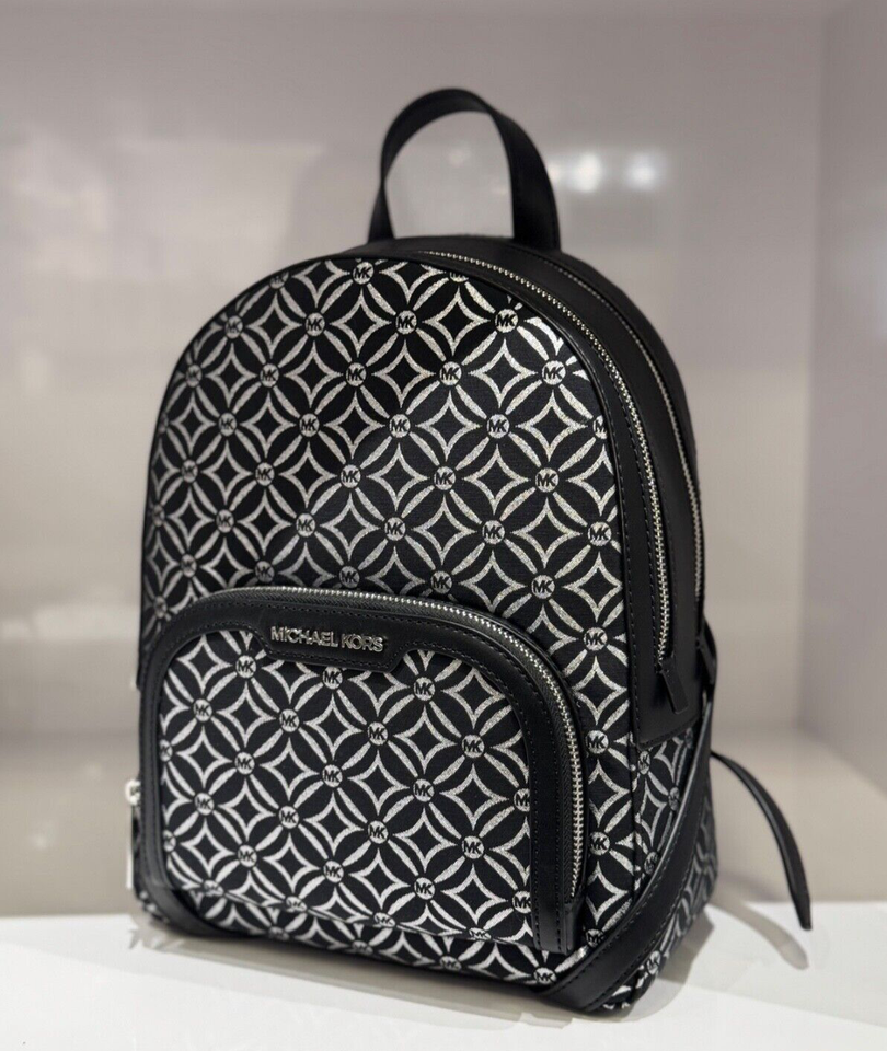 MICHAEL KORS JAYCEE MEDIUM BACKPACK MK GRAPHIC LOGO GLITTER SILVER/BLACK | eBay