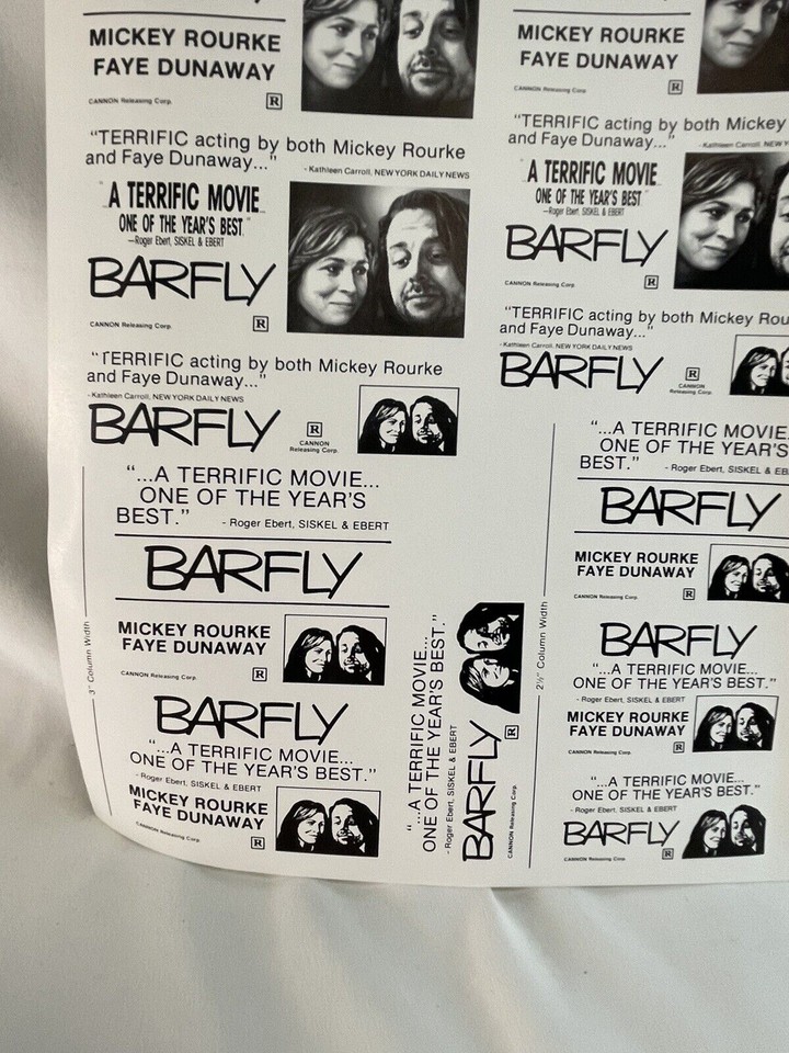 BARFLY Movie Mini Ad Sheet VTG Promo Advertising Poster Clip Art Mickey ...