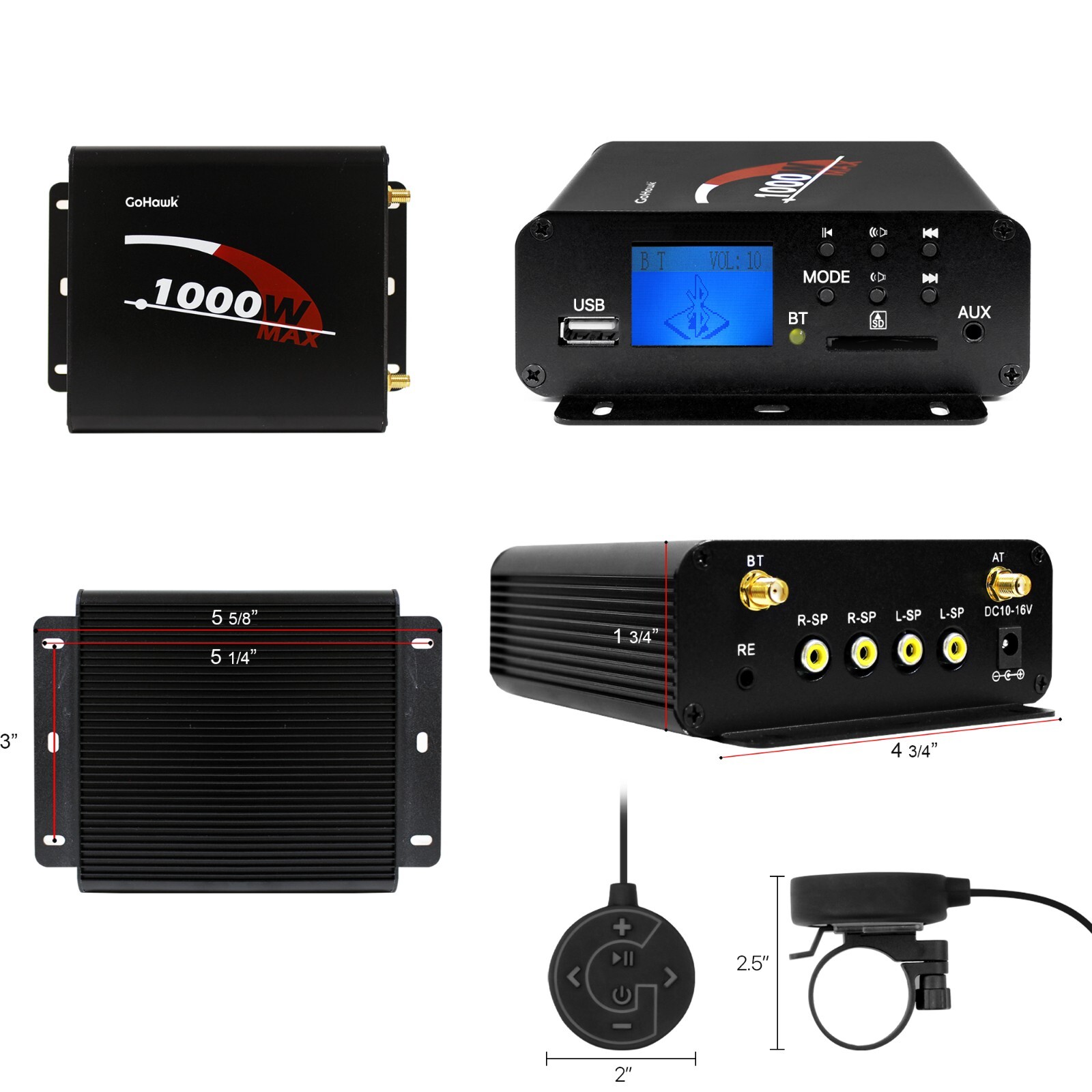 1000W Amp Motorcycle ATV UTV RZR Bluetooth Audio Stereo Radio System ...