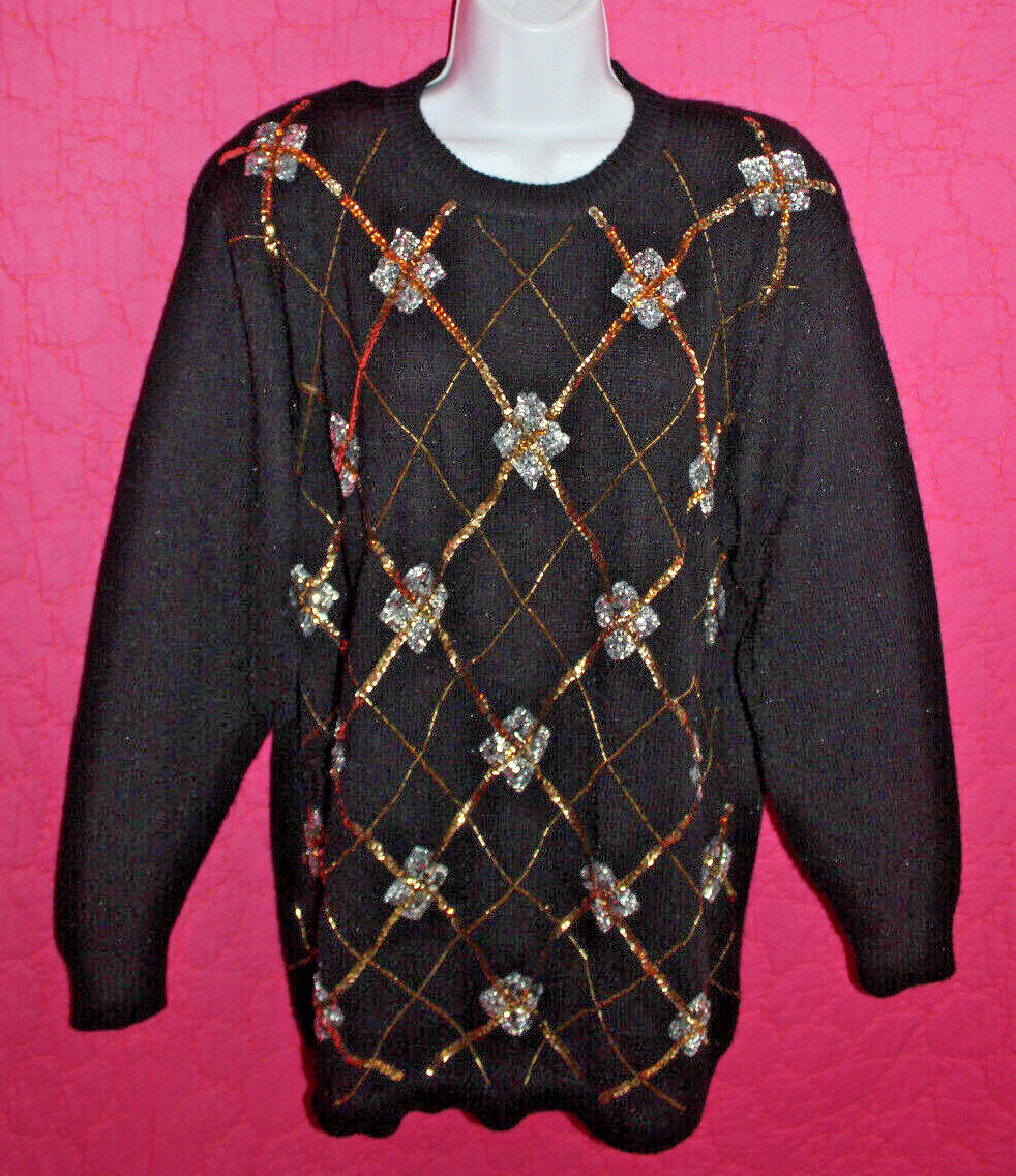 VINTAGE ALFRED DUNNER Black Tunic Sweater Gold Silver… - Gem