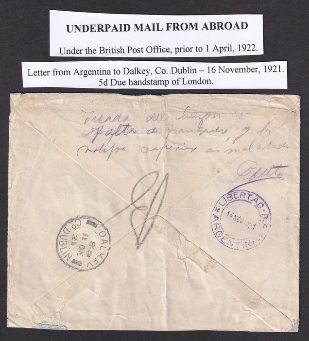 Ireland 1922 incoming cover from Argentina with Postage Dues 1d pair ...