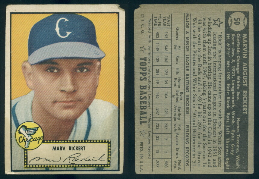 (65327) 1952 Topps 50 Marv Rickert Black Back White Sox-FR | eBay