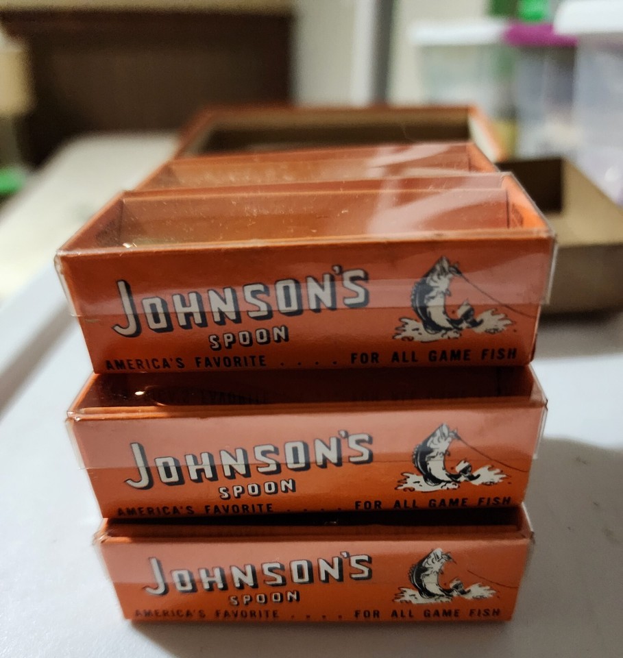 Johnson's Gold Fishing Lure Spoons New In Boxes Silver Minnows Rare ...