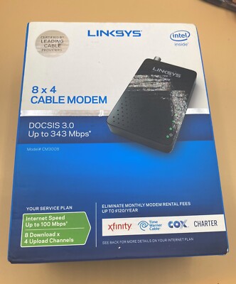 Linksys Model CM3008 Cable Modem DOCSIS 3.0 Bonded Channels Up To 343 ...