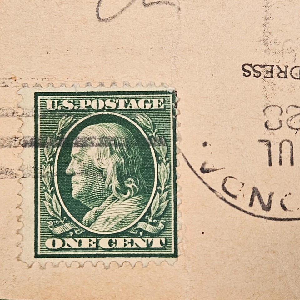 Rare 1910 Green Ben Franklin 1 Cent Stamp Cancelled On Postcard ...