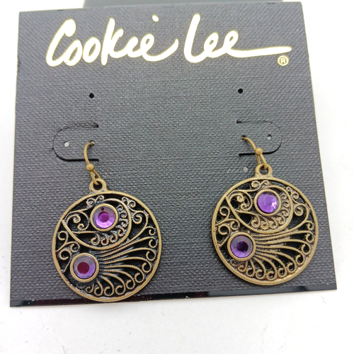 Cookie Lee Earrings Curly Circle Metal Pierced Dangle Purple Glass ...