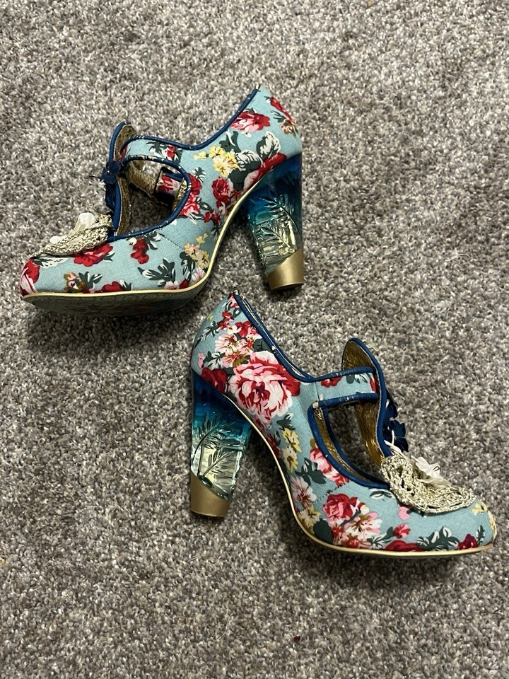 IRREGULAR CHOICE Mutiny Heels, Mary Jane Style, Floral Blue & Gold, Size EUR 41 | eBay