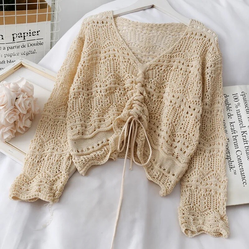 Women Knitted Cropped Sweater Hollow Crochet Pullover Drawstring Thin ...