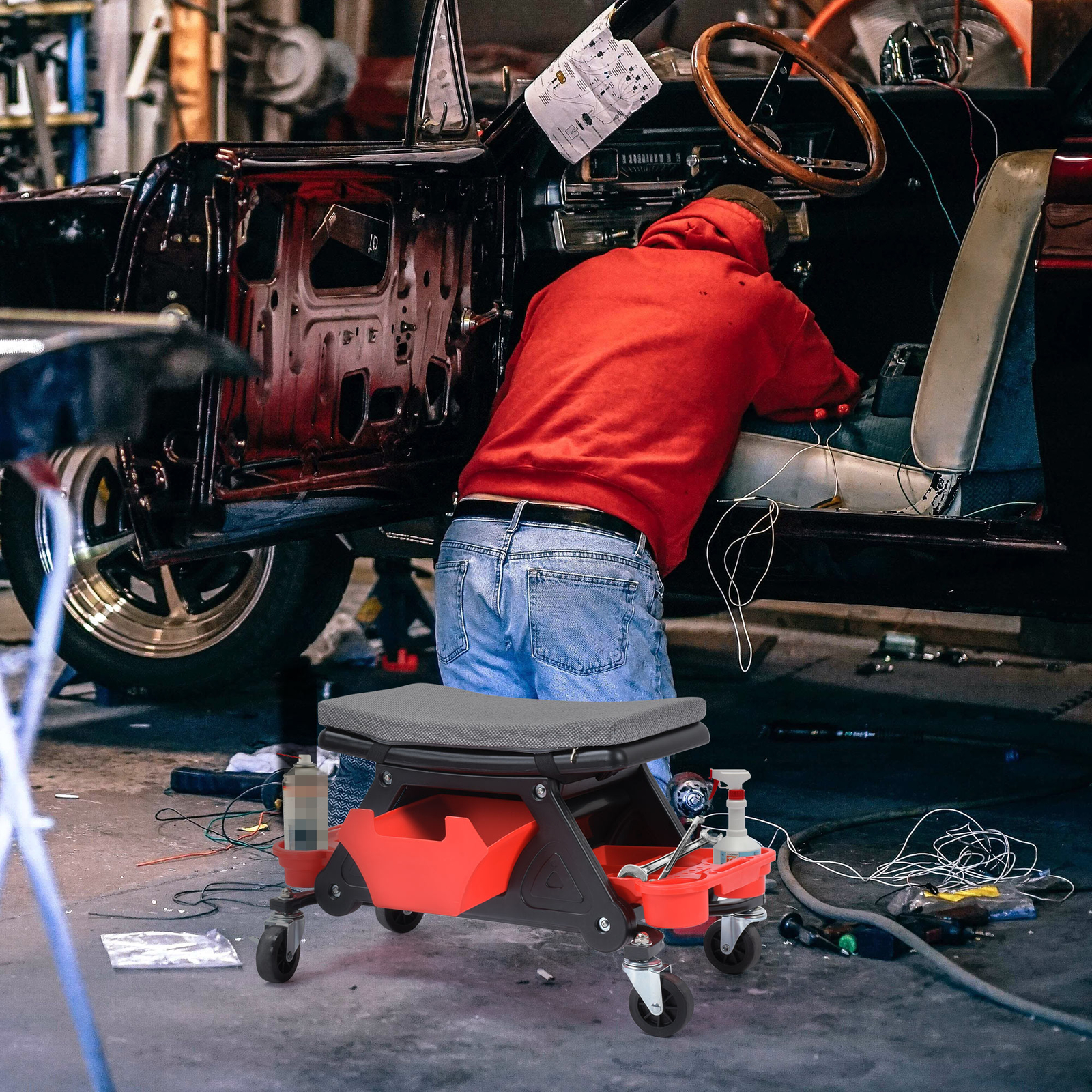 Mechanic Stool Creeper Detailing Seat Rolling Garage Shop Repair Tools ...