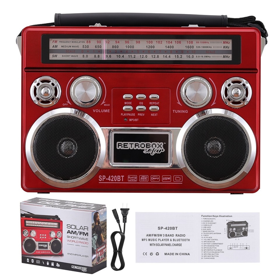 Portable Solar Rechargeable Bluetooth Radio AM/FM/SW 3-Band MP3 Player ...