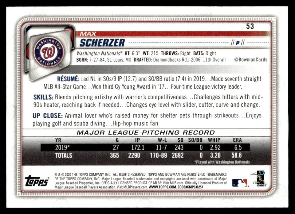 2020 Bowman Max Scherzer Washington Nationals #53 | eBay